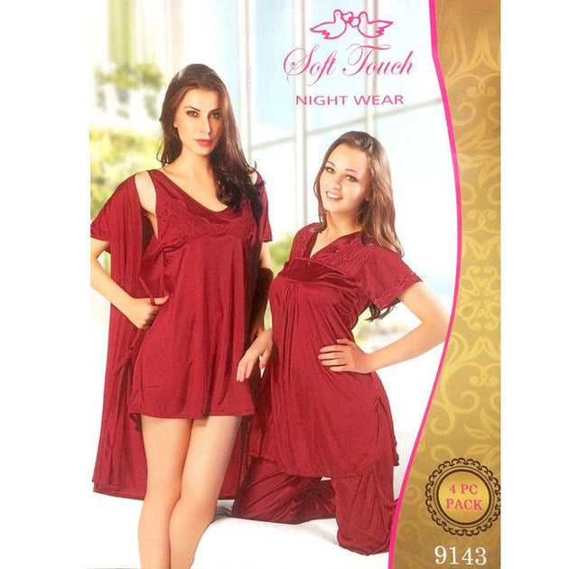 4 Pcs Wedding Nighty Set with Gown - 9143 - Silk Nighty By Soft Touch ...