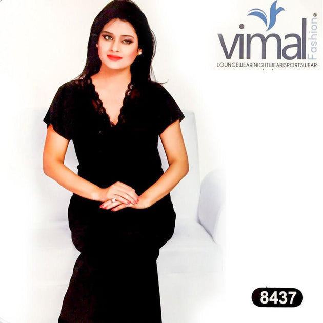 2 Pcs Black Nighty Set with Gown - V8437 - Satin Silk Nighty by Vimal ...