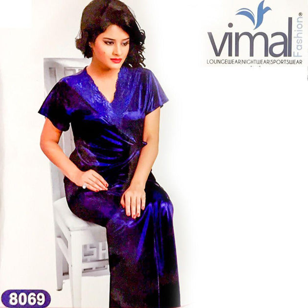 2 Pcs Royal Blue Nighty Set with Gown - V8069 - Satin Silk Nighty by ...
