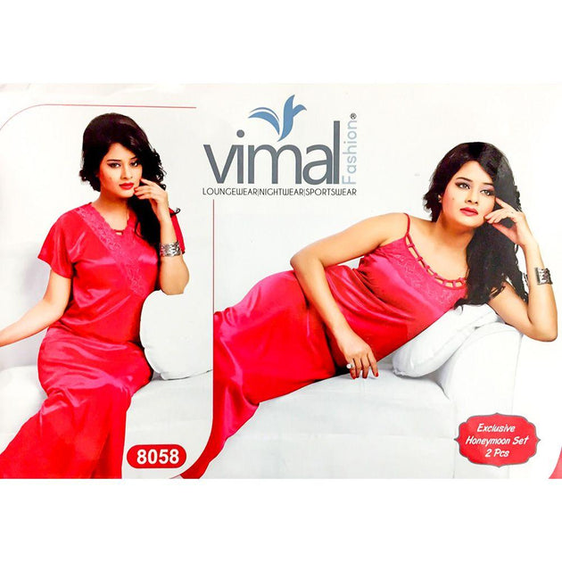 2 Pcs Wedding Hot Pink Long Nighty Set with Gown - V8058 - Satin Silk ...