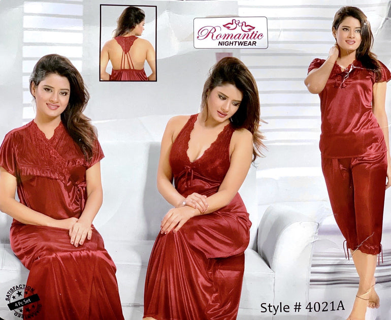 Romantic Nightwear - 4Pcs Bridal Nighty Sets - 4021 - Long Nighty with ...