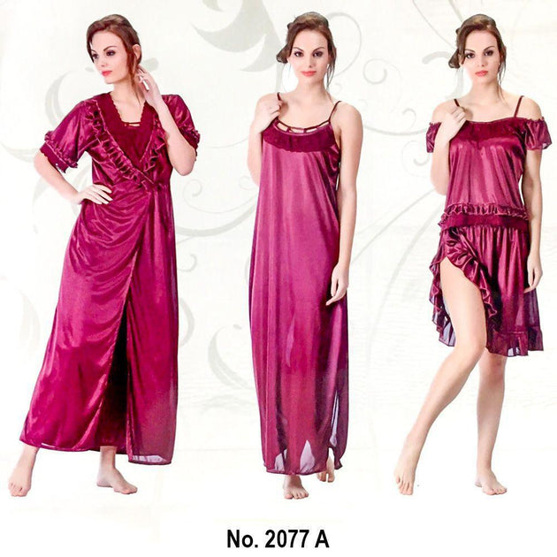 Designer 3 Pcs Nighty Set - SW-2077A - Satin Silk Nighty by Skin Wrap ...